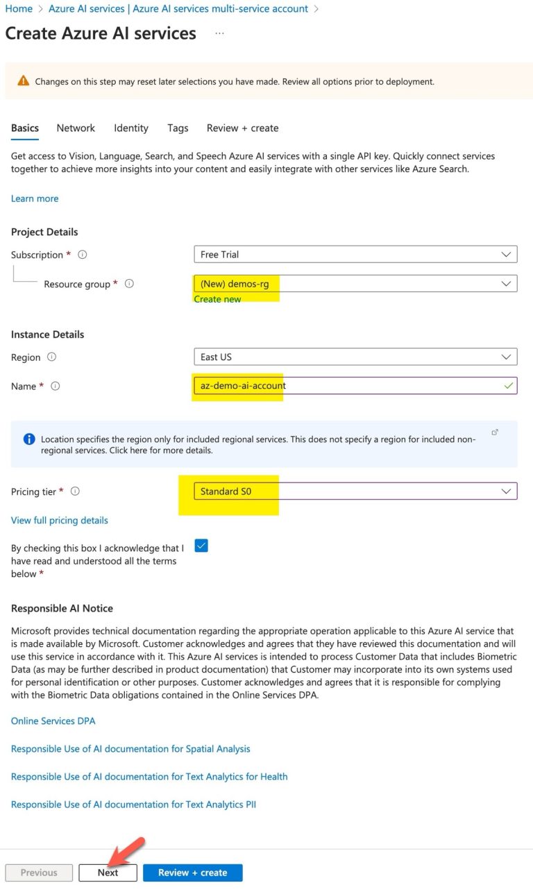 Create Azure AI Multi-Service Resource in Azure Portal